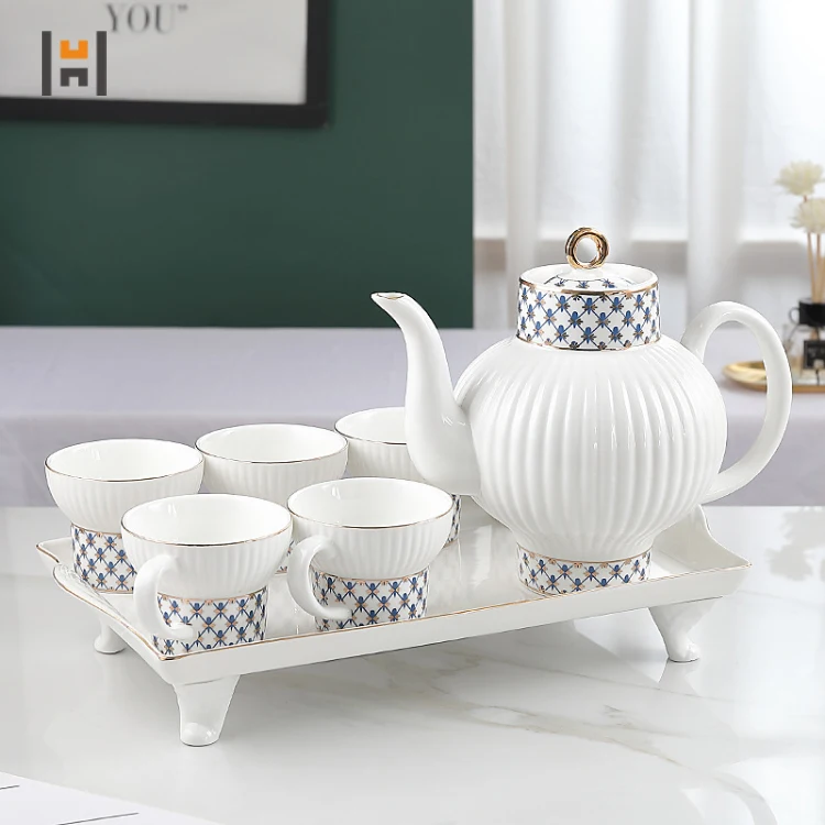 Ramadan Gift Luxury 8pcs Porcelain Coffee Tea Set with Gold Decor