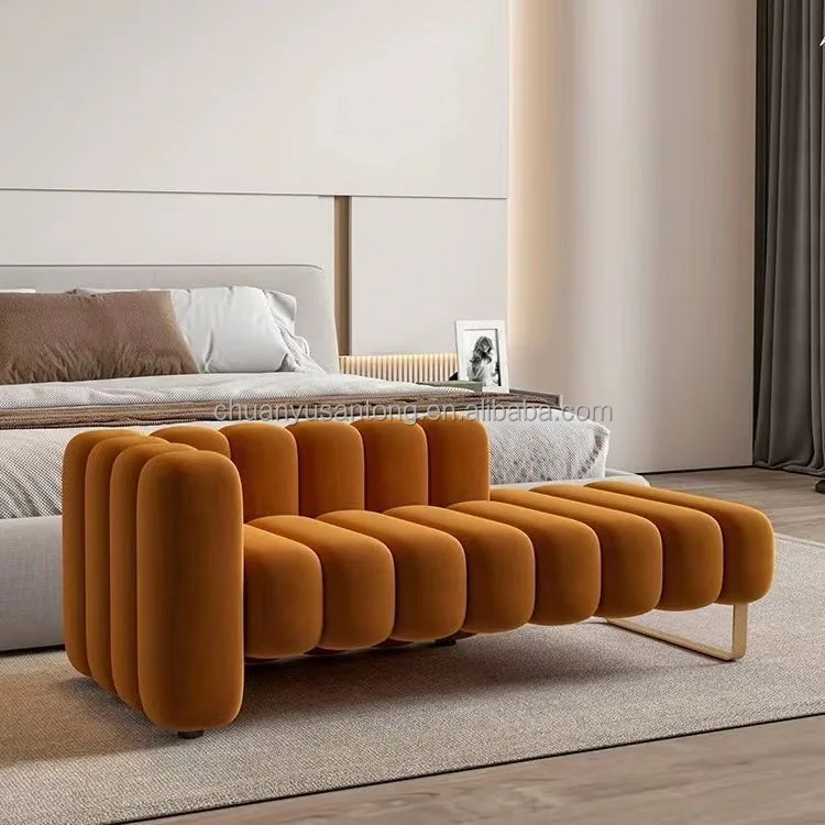 Modern Luxury Bed Stool Gold Metal Leg Upholstered Velvet Bed End Bench ...
