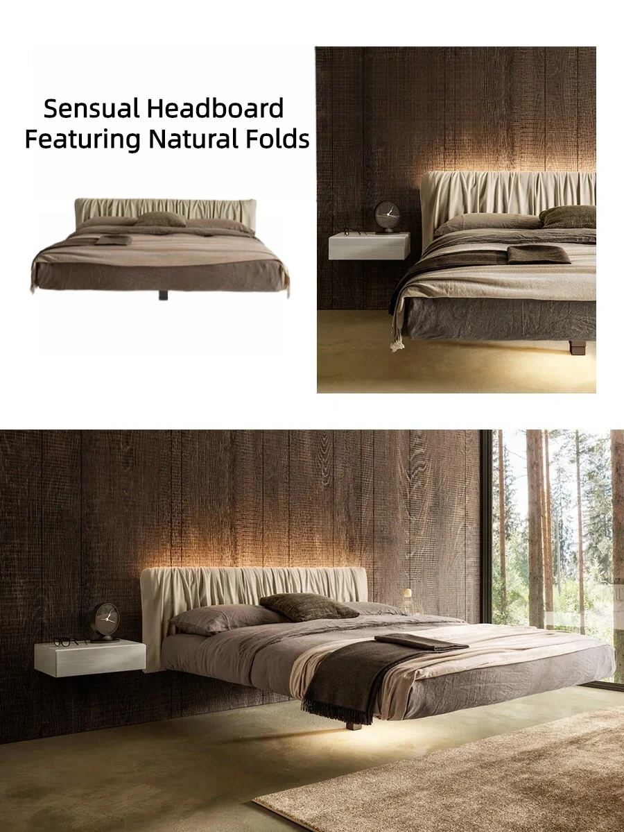 Floating Queen Frame Suspension Bed With Led Lights And Wall Mounted ...