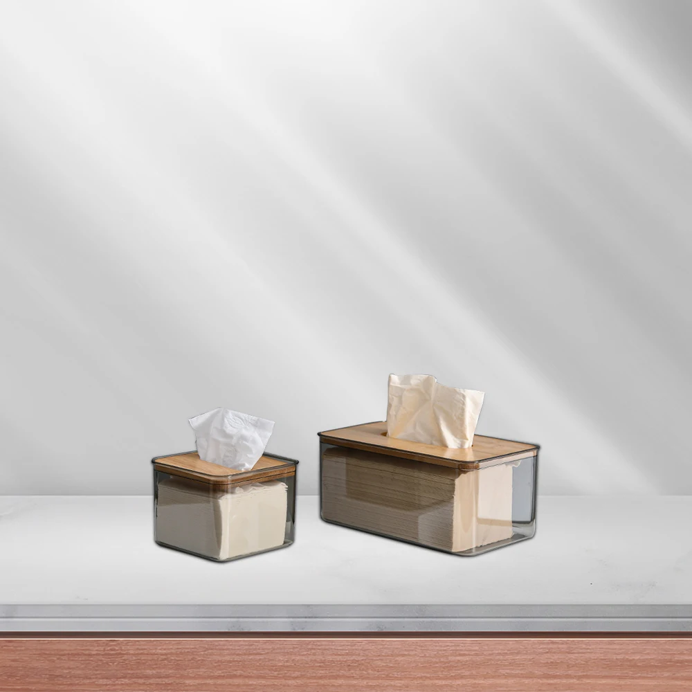 Facial Tissue Dispenser Box With Bamboo Wood Lid Transparent Container ...