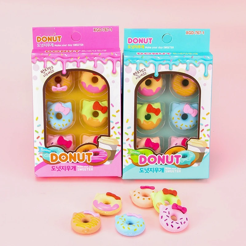 Cute Kawaii Creative Bow Cat Donut Eraser Shape School Kids Eraser Set ...