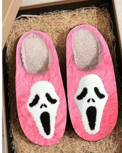 Halloween Jack O Lantern Pumpkin Plush Slide Slippers House Horror Pink ...