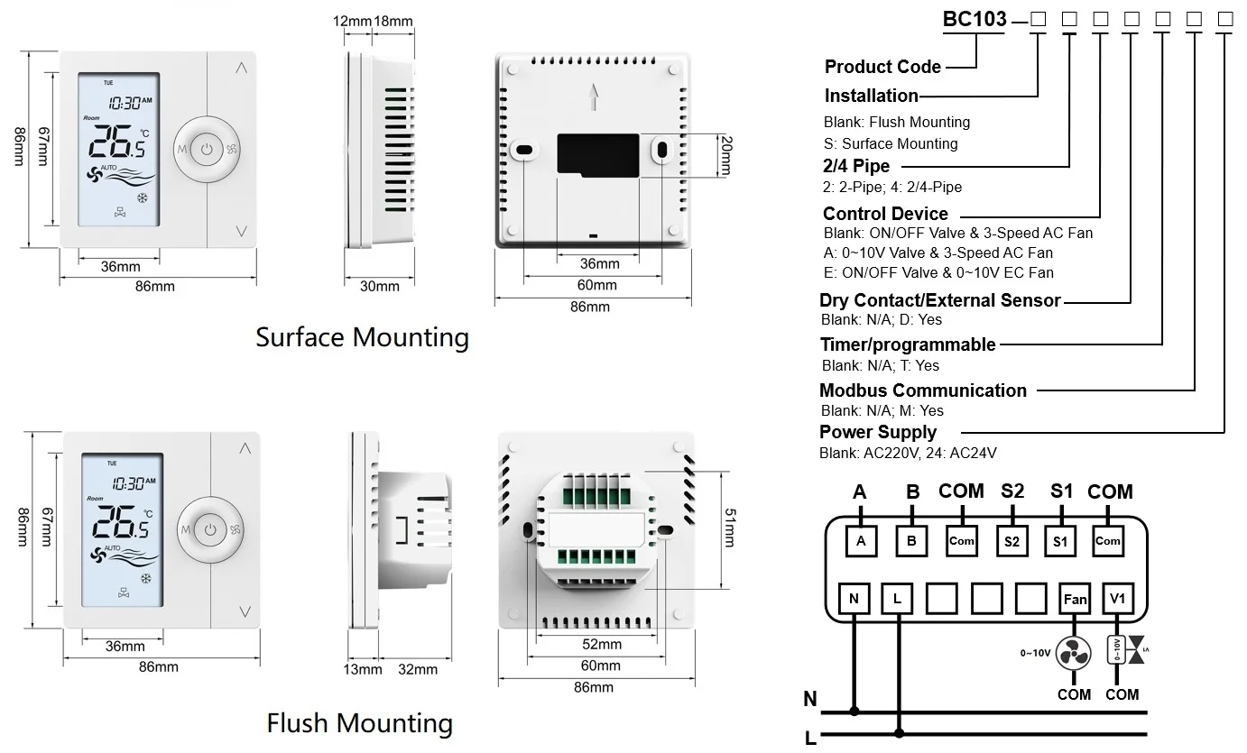 RS485 Modbus Smart AC Programmable Thermostat, 3-Speed Fan Control, OEM