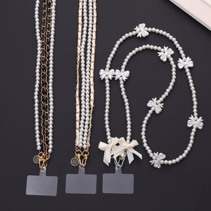 Universal Long Gold Metal Chain Pearl Beaded Mobile Phone Strap Lanyard ...