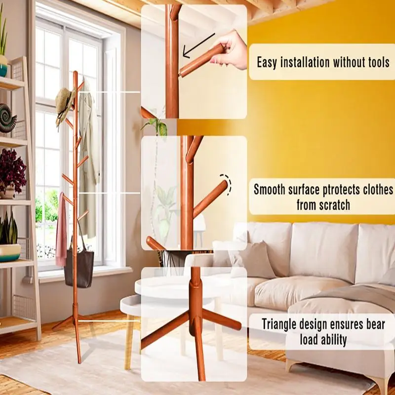 Wooden Tree Coat Rack With 3 Adjustable Sizes 8 Hooks Easy Assembly ...