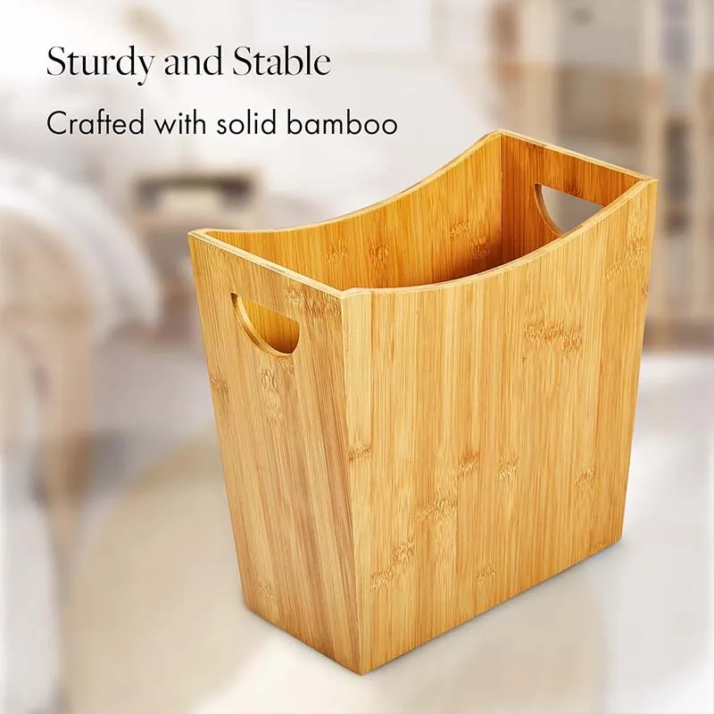 Bamboo Garbage Basket Rectangular Wood Trash Bin With Handle Cut-outs ...