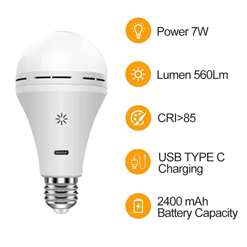 Emergency Battery Backup Operated Usb C Rechargeable Led Light Bulb ...