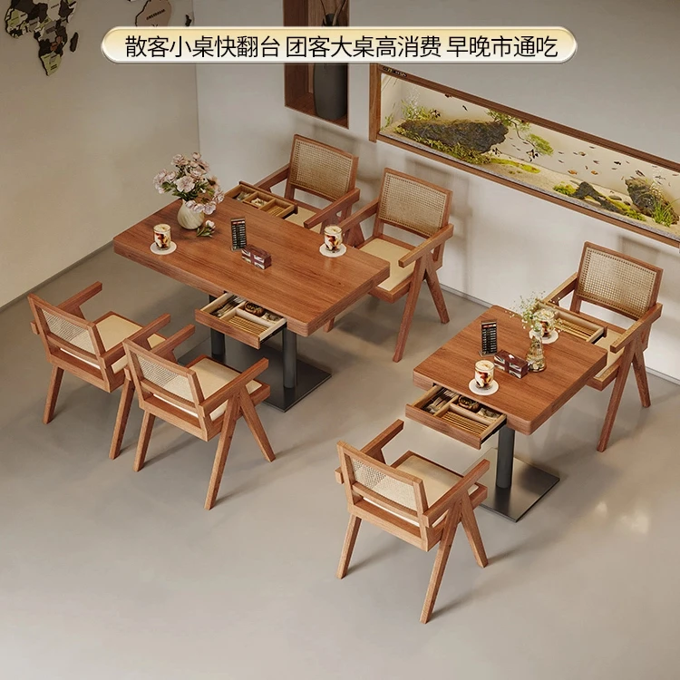 Solid Wood Dining Table with Drawers Fast Food Restaurant Long Tables ...