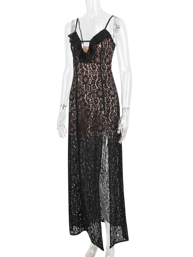 Sexy Elegant Lace Cut Out Luxury Dress Spaghetti Strap V Neck Lining ...