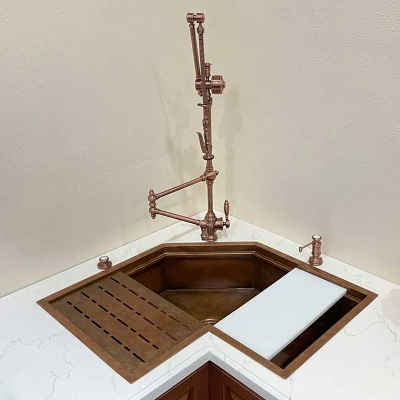 Luxury Corner Copper Sink - Brushed Brass Butterfly Design