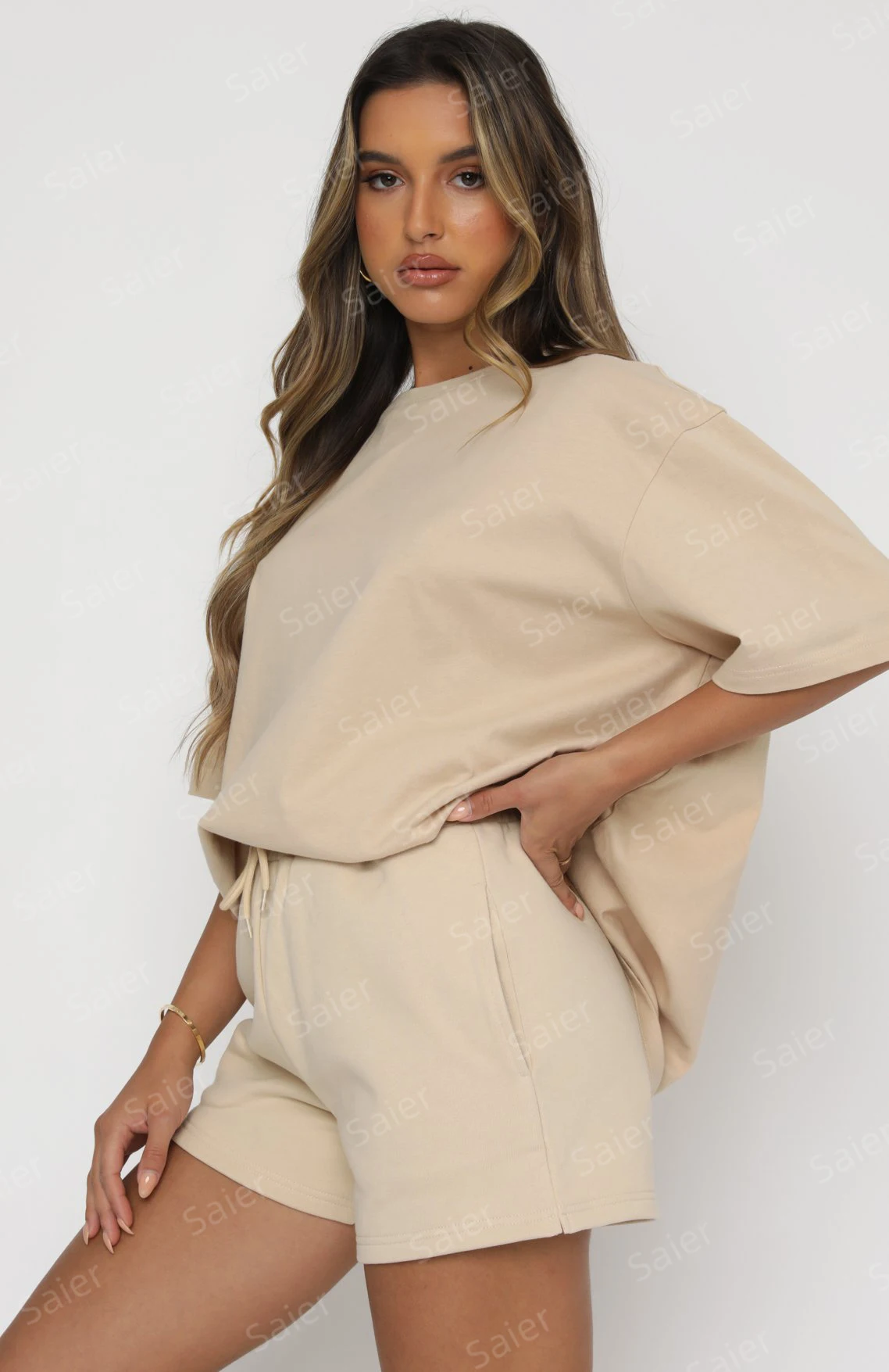 Custom Two Piece T Shirt And Sweat Short Set Women Summer Solid Color ...