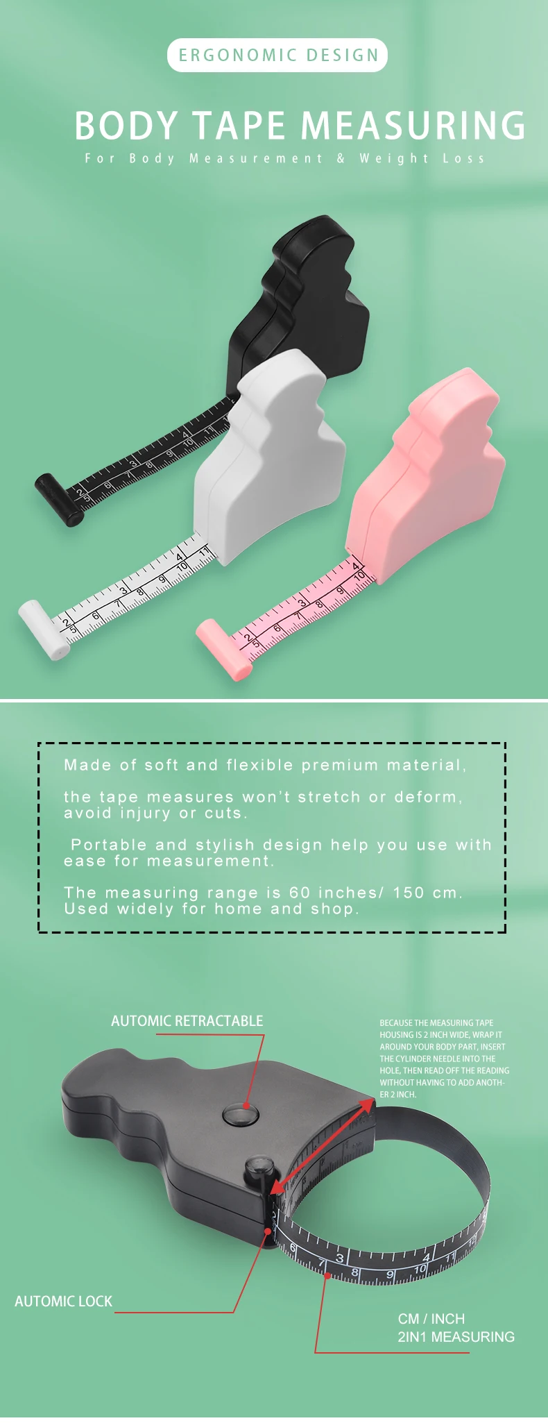 Wintape Gym Fitness Arm Circumference Measuring Tape Automatic Flexible ...