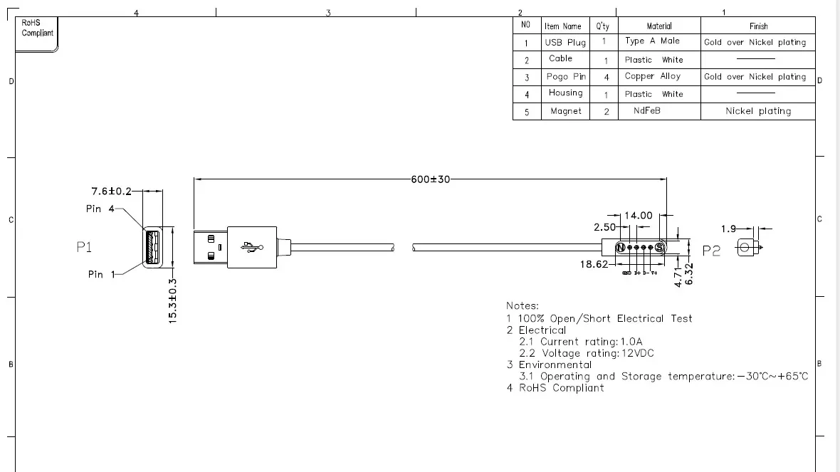 RTLECS 남성 여성 2.5mm 피치 전원 충전 패널 마운트 데이터 전송 4 핀 USB 자기 충전 케이블 포고 핀 커넥터 ...