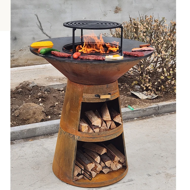 Outdoor Corten Steel Fire Pit Barbecue Grill Plancha With Firewood ...