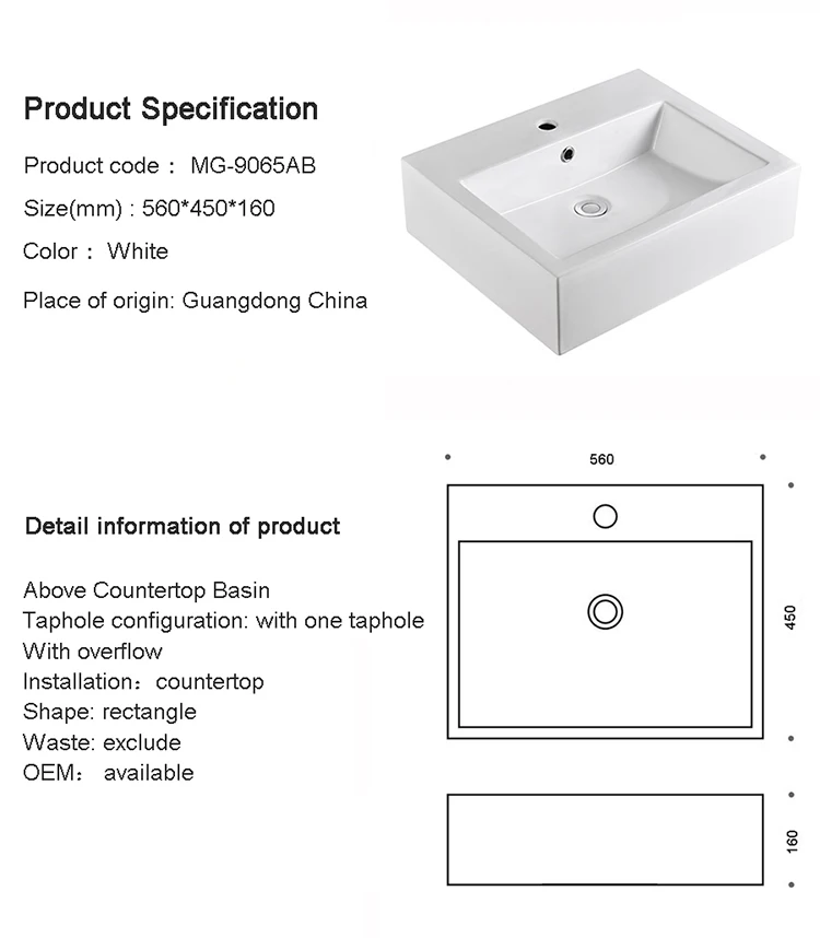Factory Price Countertop Hand Wash Basin Hotel White Rectangular Lavabo ...