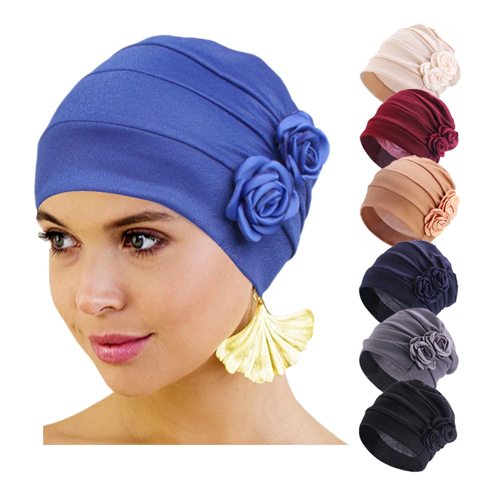 Female Elegant Flower Turban Wrap Hair Bonnet Hijab Muslim Polyester ...