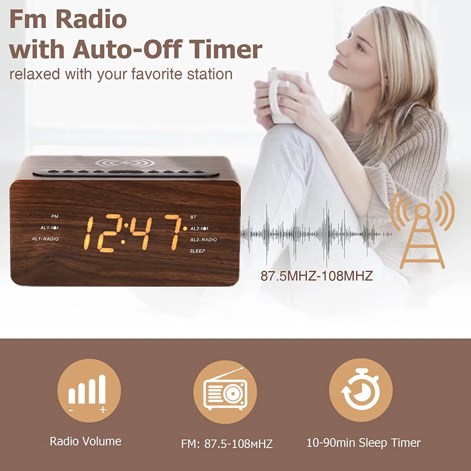 Wooden Digital Alarm Clock with FM Radio & Wireless Charging