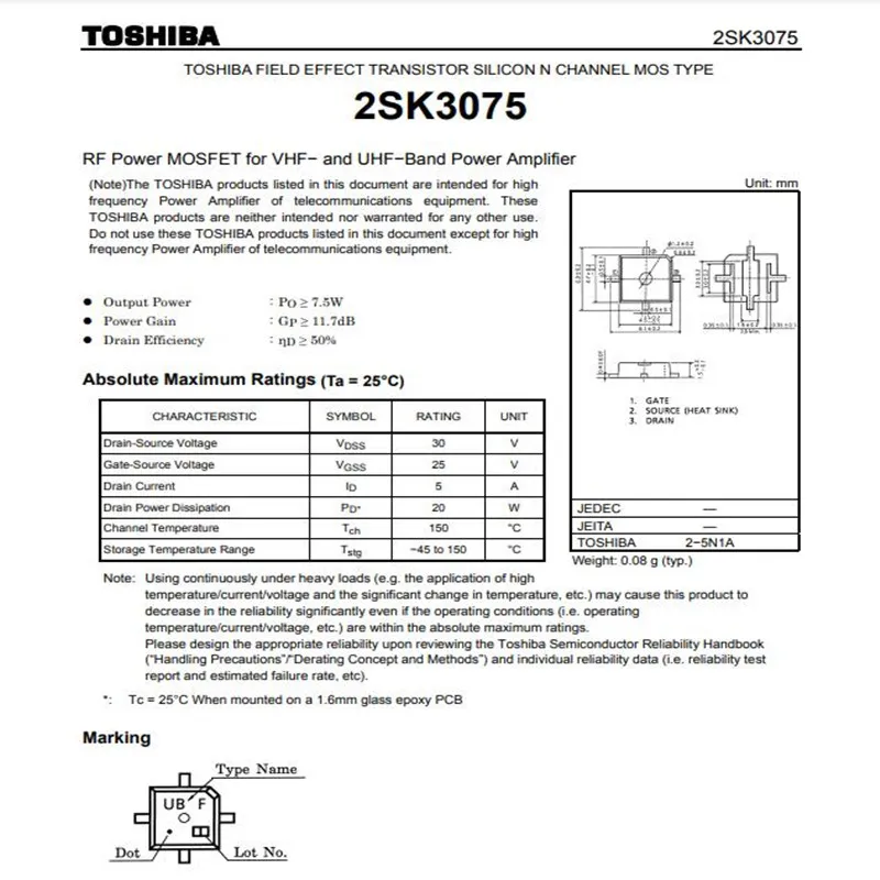 2SK3075 Transistor - RF Power MOSFET for VHF and UHF Bands