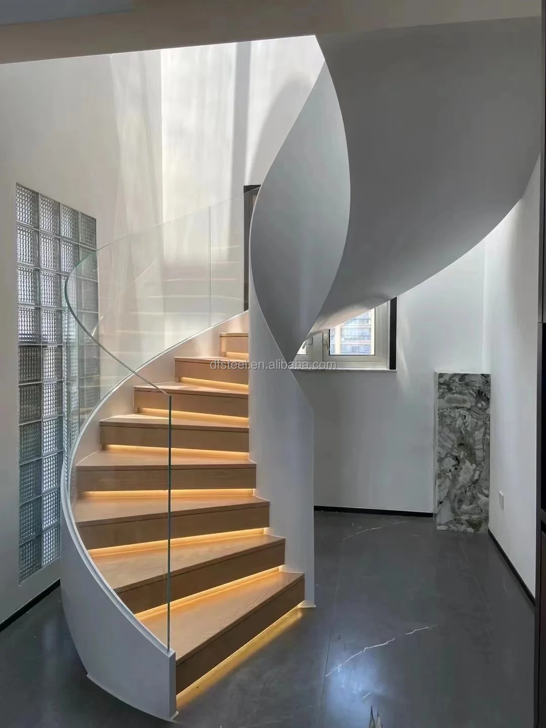 Df Modern Indoor Curved Shape Steel Bar Wooden Spiral Staircase Design ...