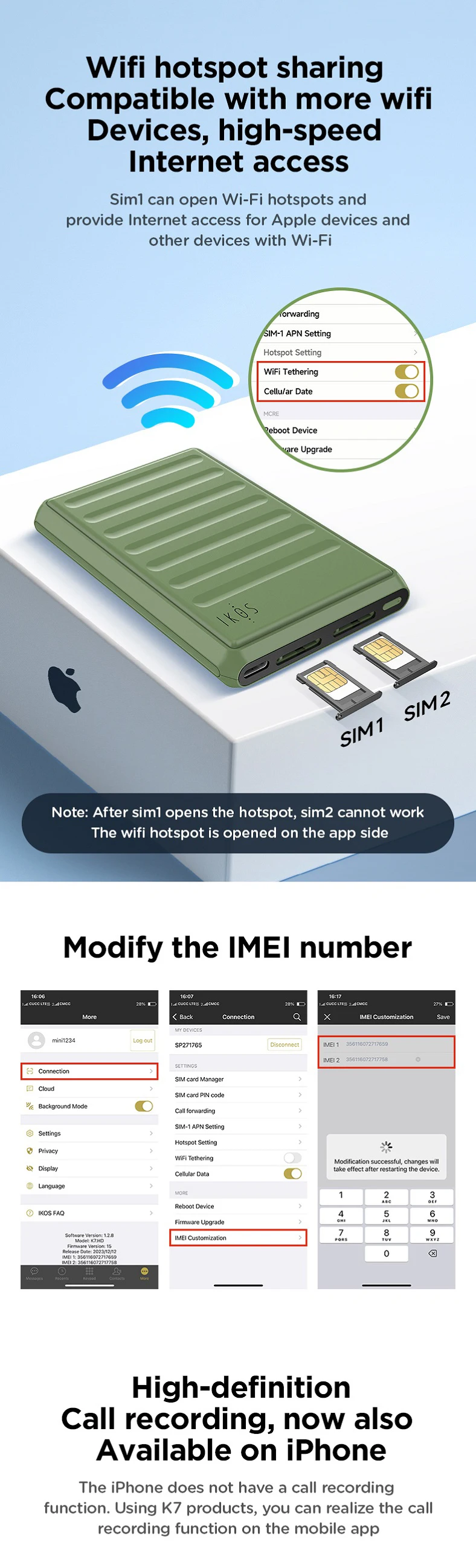 IKOS K7 Multi SIM Card Adapter for Iphone - Active Simultaneously