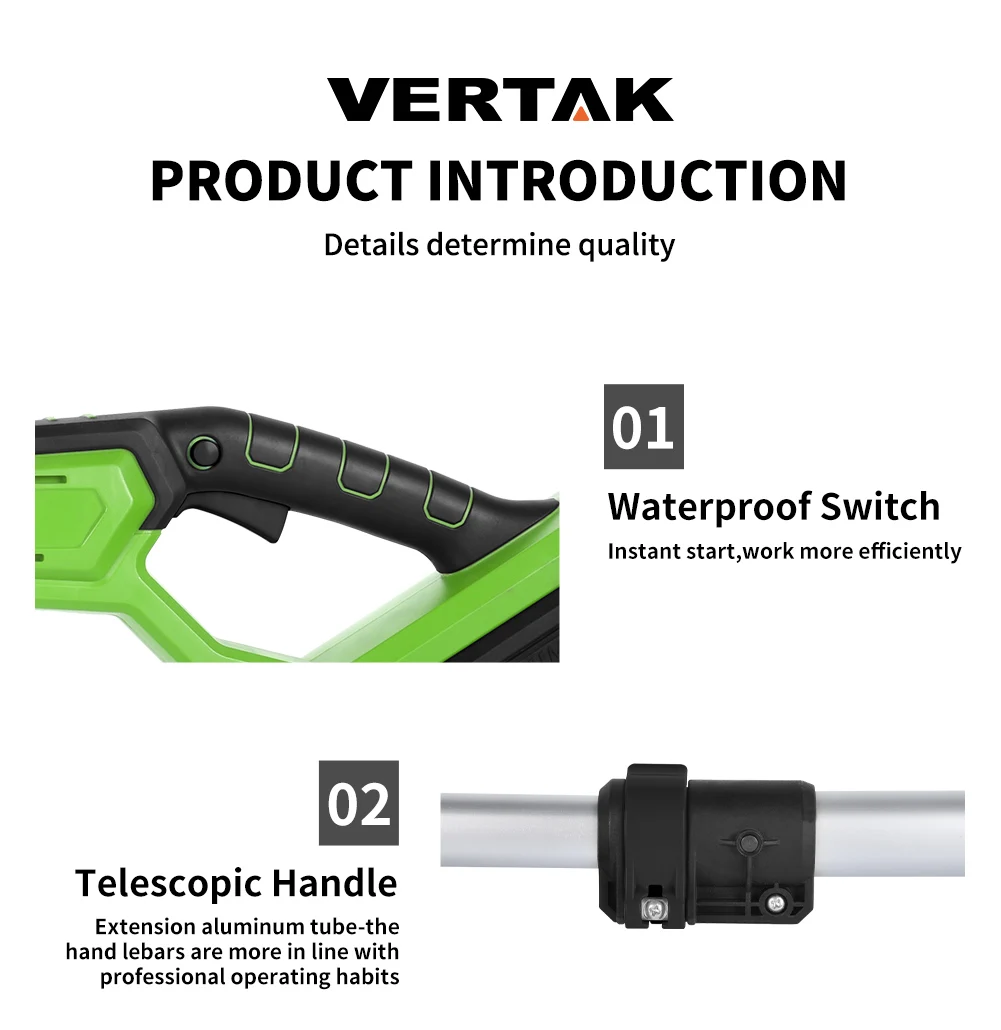 Vertak Cordless 40V Garden Weed Trimmer Machine Telescopic Handle Light ...