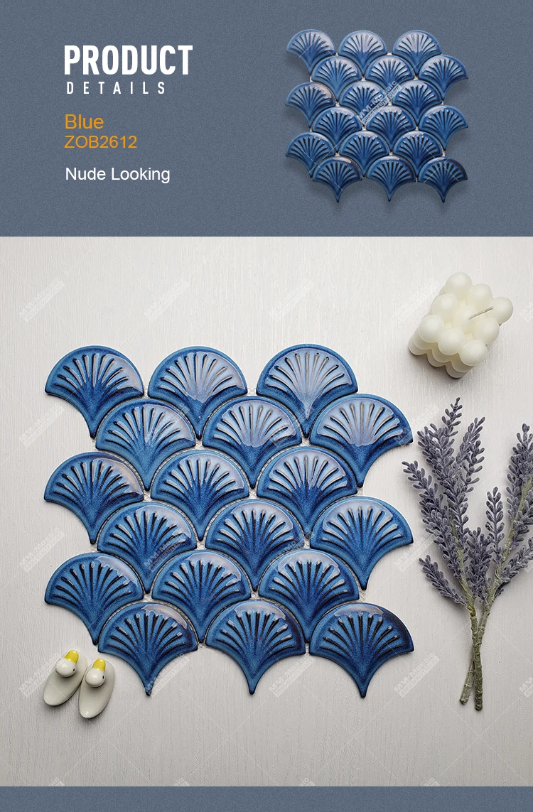 Foshan New Premium Fan Shaped Glazed Blue Mosaic Tiles