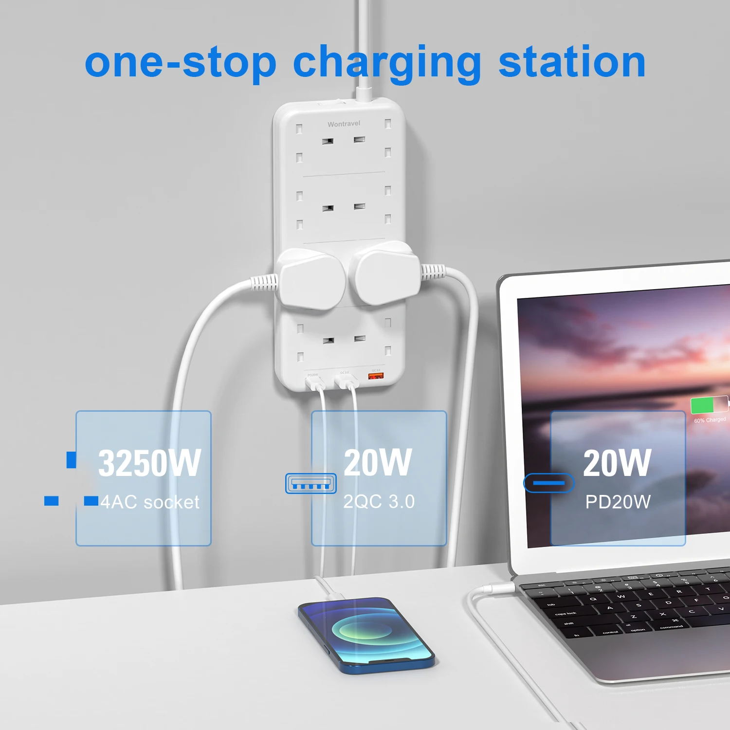 Universal UK Standard Surge Protector Wall Mount New Power Strip With ...