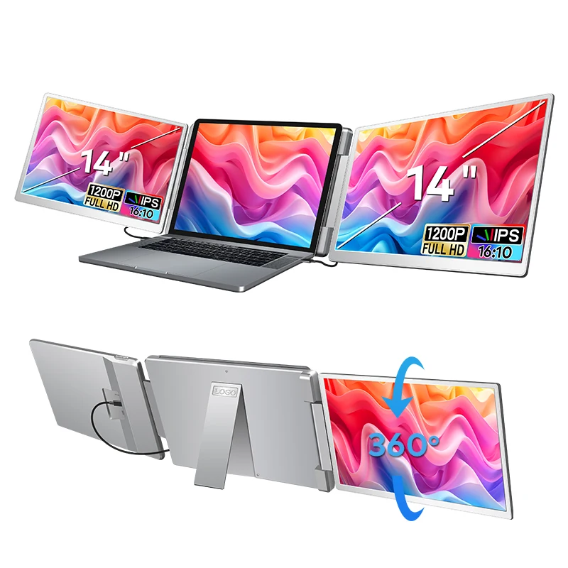 1200P Dual Triple Left Screen 180° Flipped 14'' Portable Monitor ...