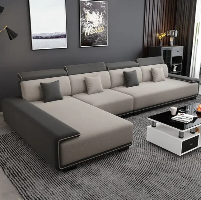 Italian Modern Leather L-shaped Combination Sofa Set Solid Wood ...