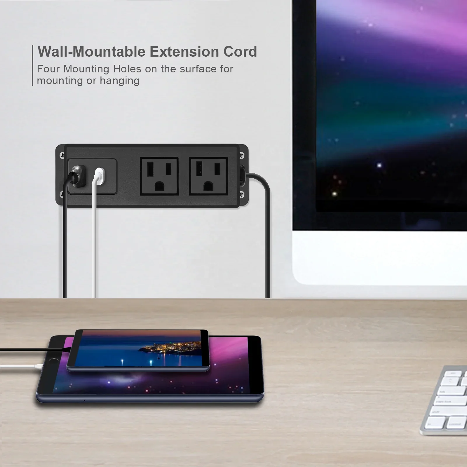 Under Desk Desktop Mounted US Power Strip with 2 USB Ports