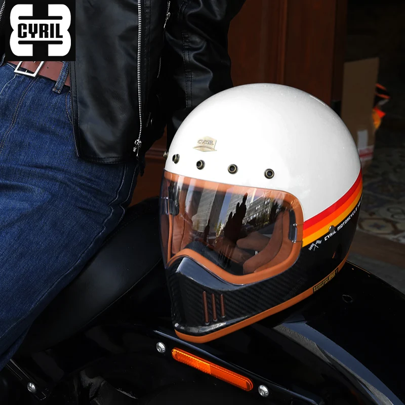 Vintage Retro Full Face Motorcycle Helmet | Carbon Fiber Cafe Racer ...