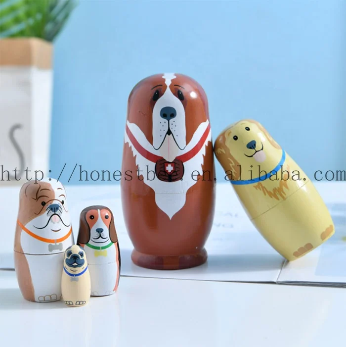 5-layer Cute Cartoon Dog Handmade Wooden Russia Nesting Dolls Gift ...