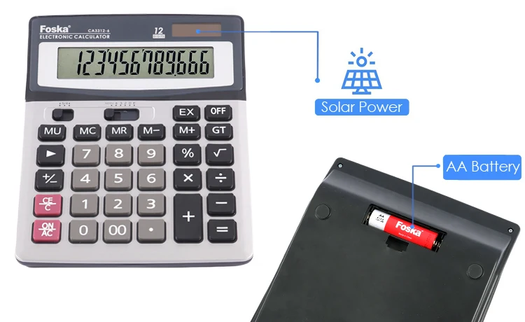 Foska Desk Calculator - 12 Digit LCD Display & Dual Power
