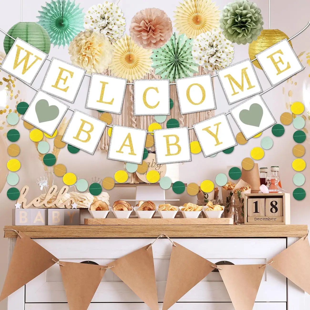 Welcome Baby Banners Sage Green Gold White Paper Lantern Paper Flower ...