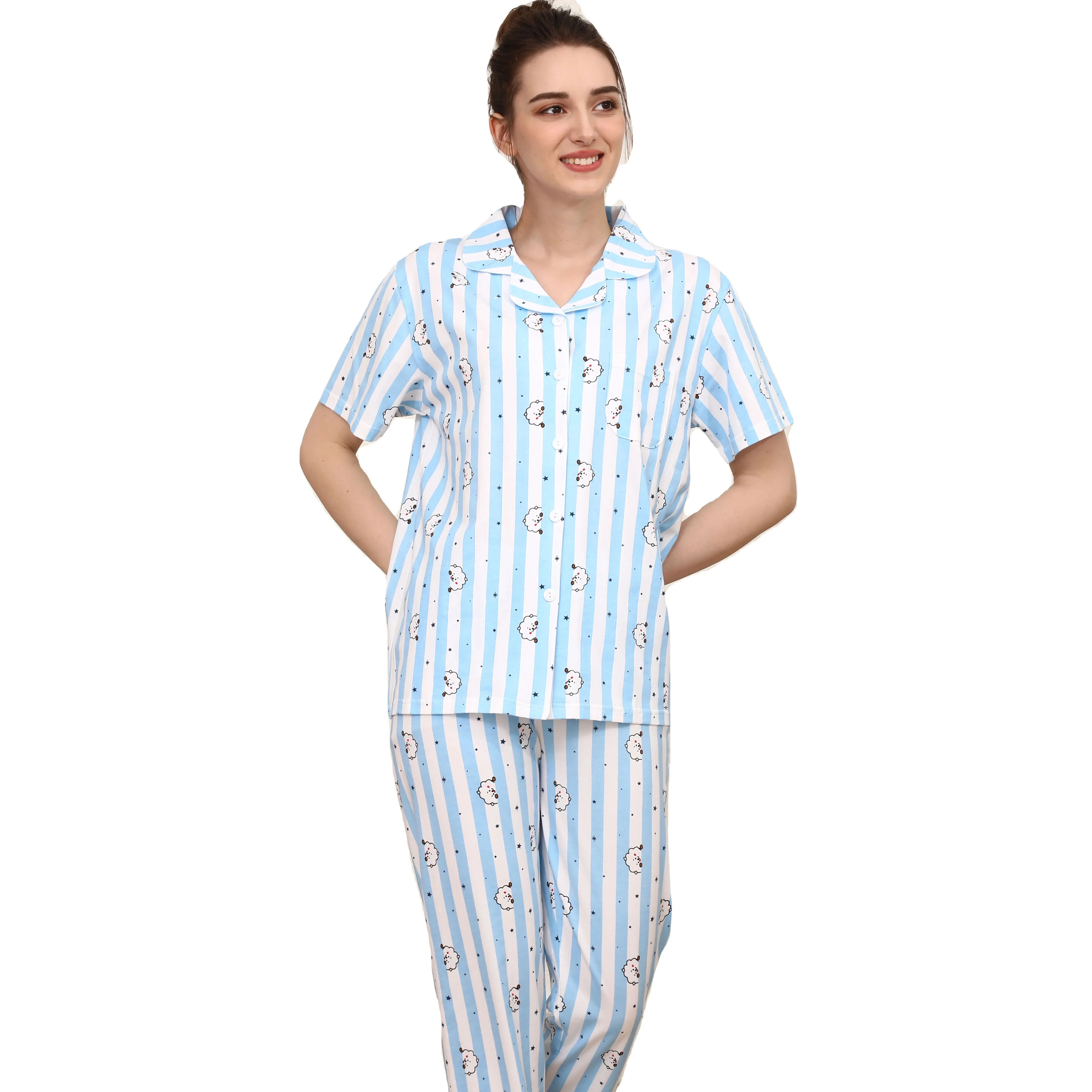 Custom Sleep Wear 100% Cotton Pyjamas Set Stripe Women Sleepwear ...