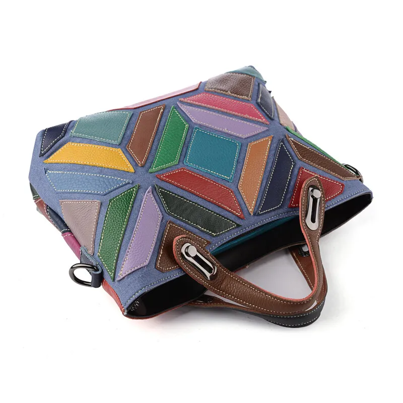 Colorful Genuine Leather Tote Handbag for Women – Elegant Retro Design ...