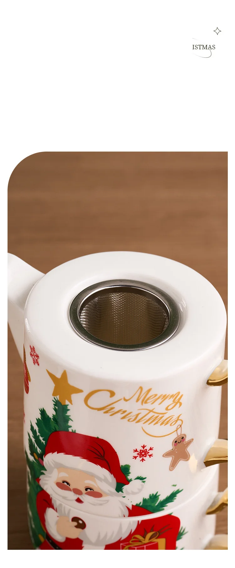 Gold Plated Porcelain Christmas Teapot Set - One Pot Two Cups