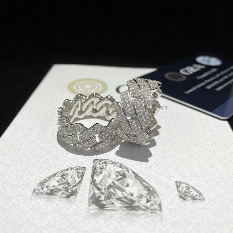 925 Sterling Silver Iced Out D Color Moissanite Cuban Rings Fine Hip ...