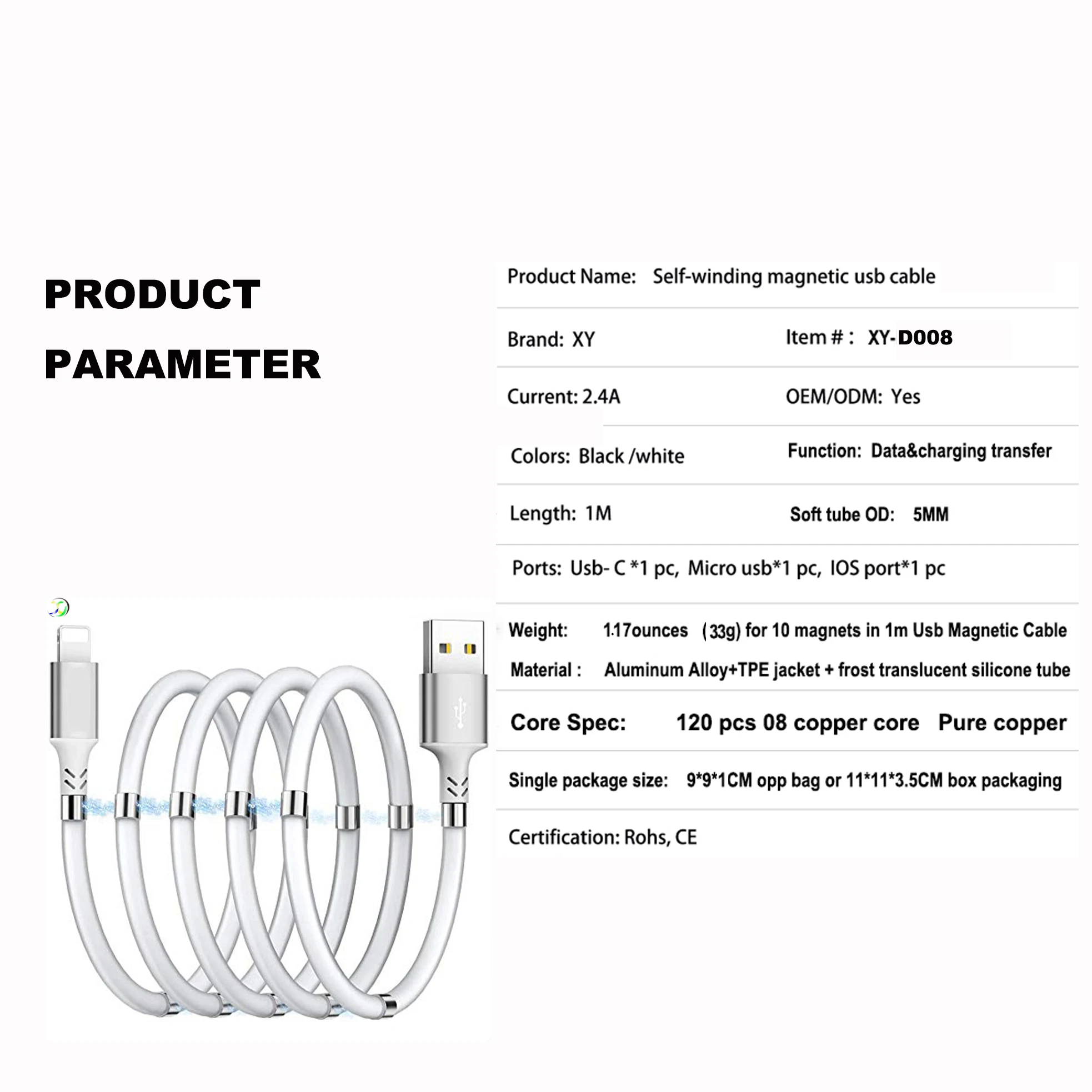 Self-winding Coiled Usb Cable Magnetic Fast Charger Type C Micro Usb 2. ...