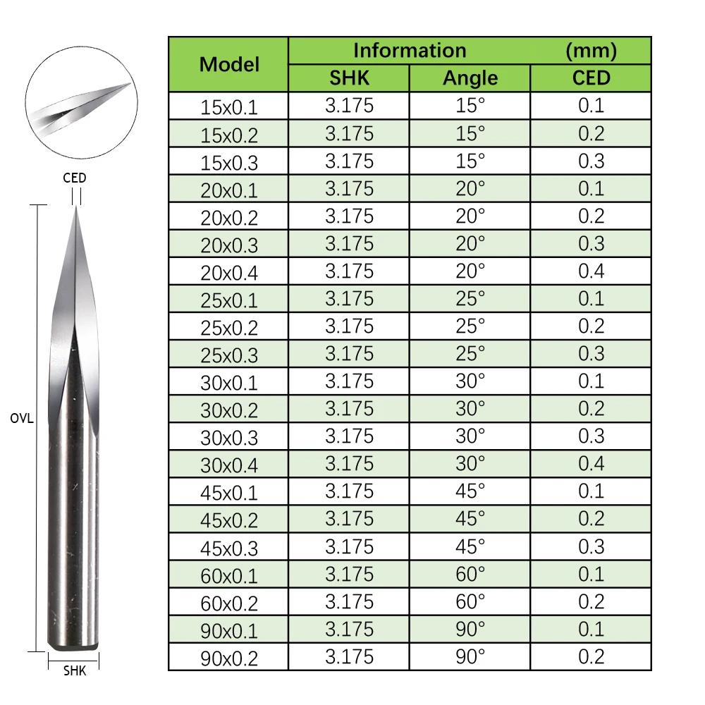 HOZLY 15-90 Degree 0.1-0.4mm Carbide Steel CNC Milling Cutter Router ...