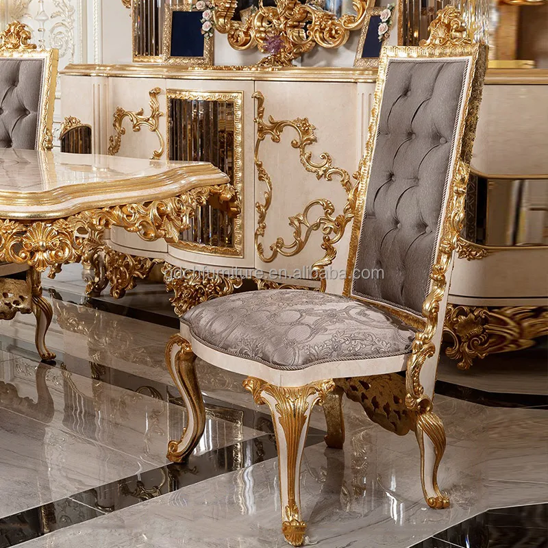 European Style Solid Wood Carved Gold Foil Dining Table