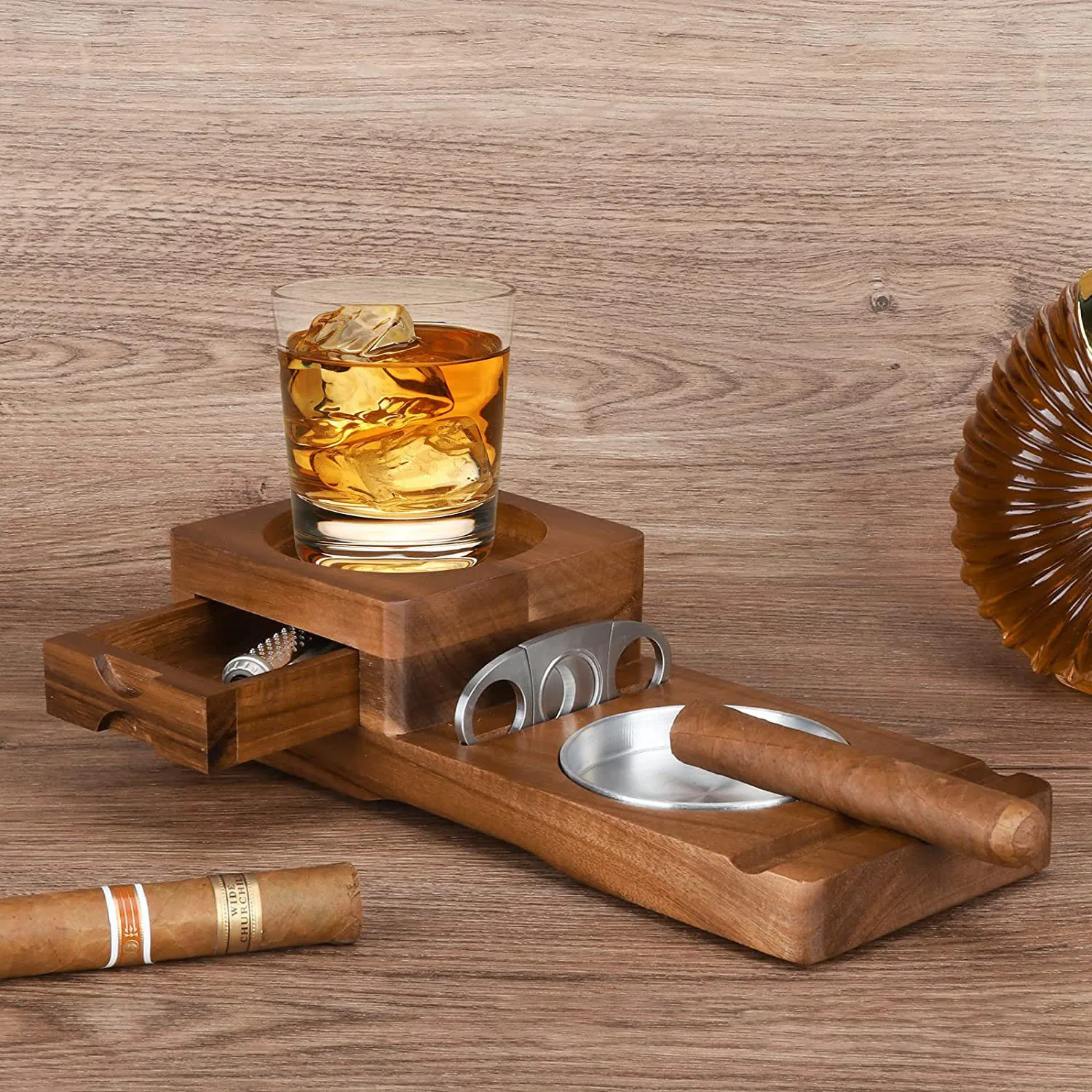 Wooden Cigar Ashtray Whisky Glass Holder With Drawer Cigar Ashtray ...