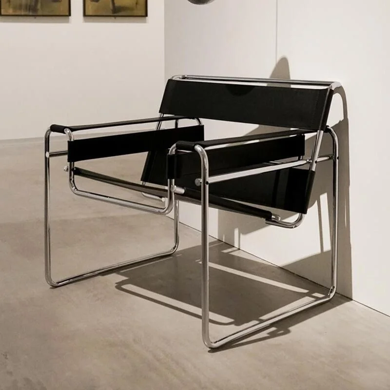 Modern simple strap chair with arm Steel tube chair living room metal ...