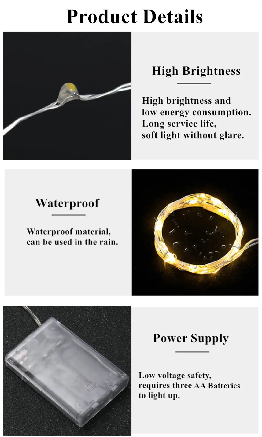 50 LED 5M Outdoor Battery Powered Copper Wire Christmas Holiday Room Decoration Mini Star Fairy ...