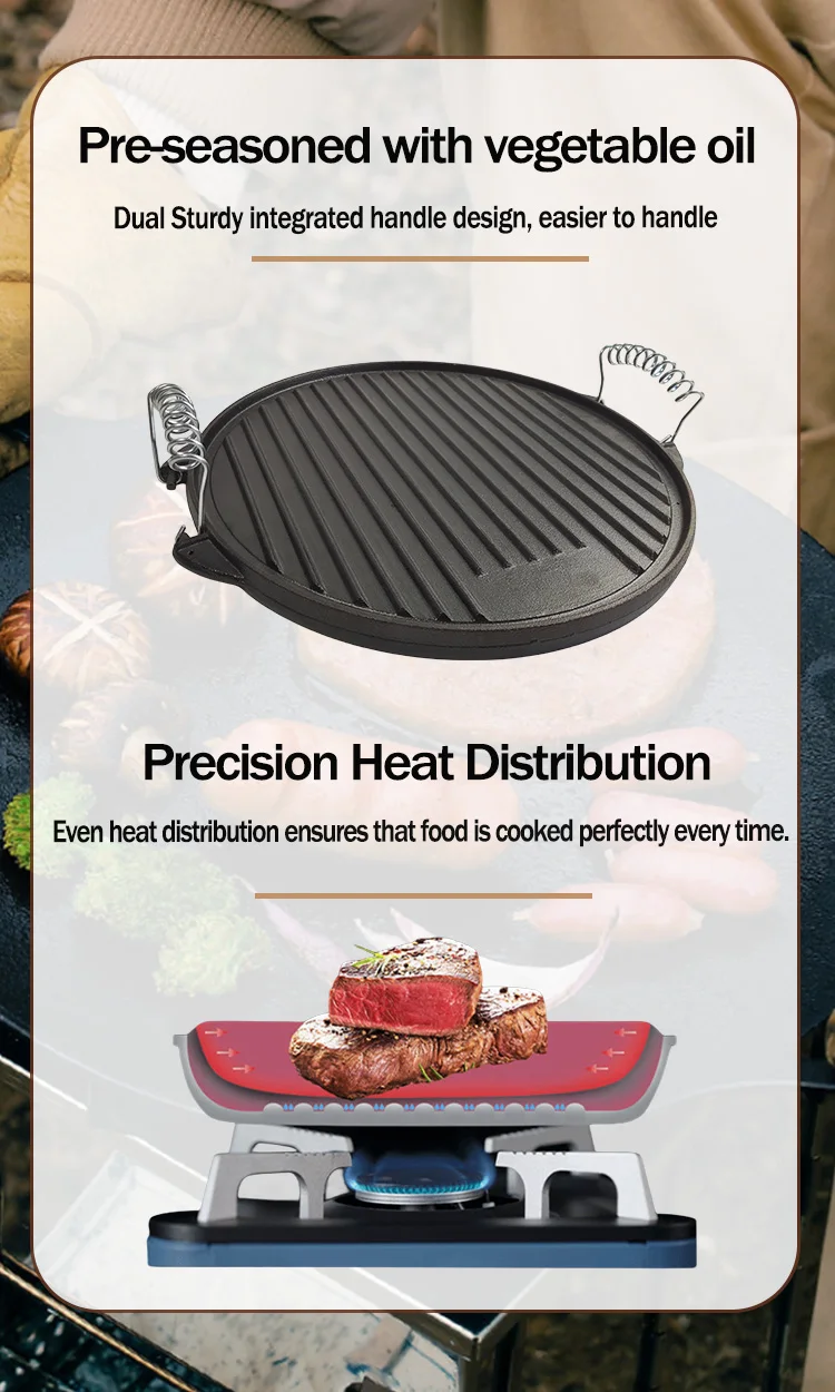 Pre-seasoned Round Cast Iron Griddle Plate Double Burner Griddle With ...