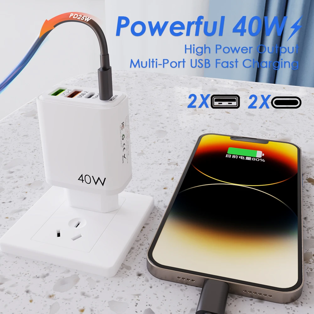 618-40w 2usb+2pd Multi Port Wall Adapters Phone Laptop Charger Eu/us/uk ...