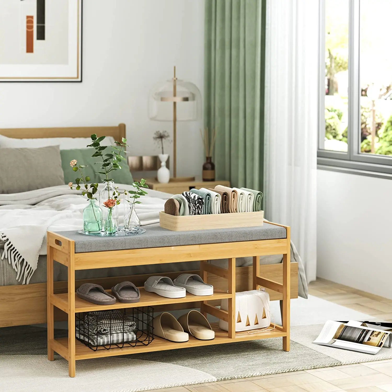 Bamboo Shoe Bench Rack with Storage, Entryway Storage Bench with Padded ...