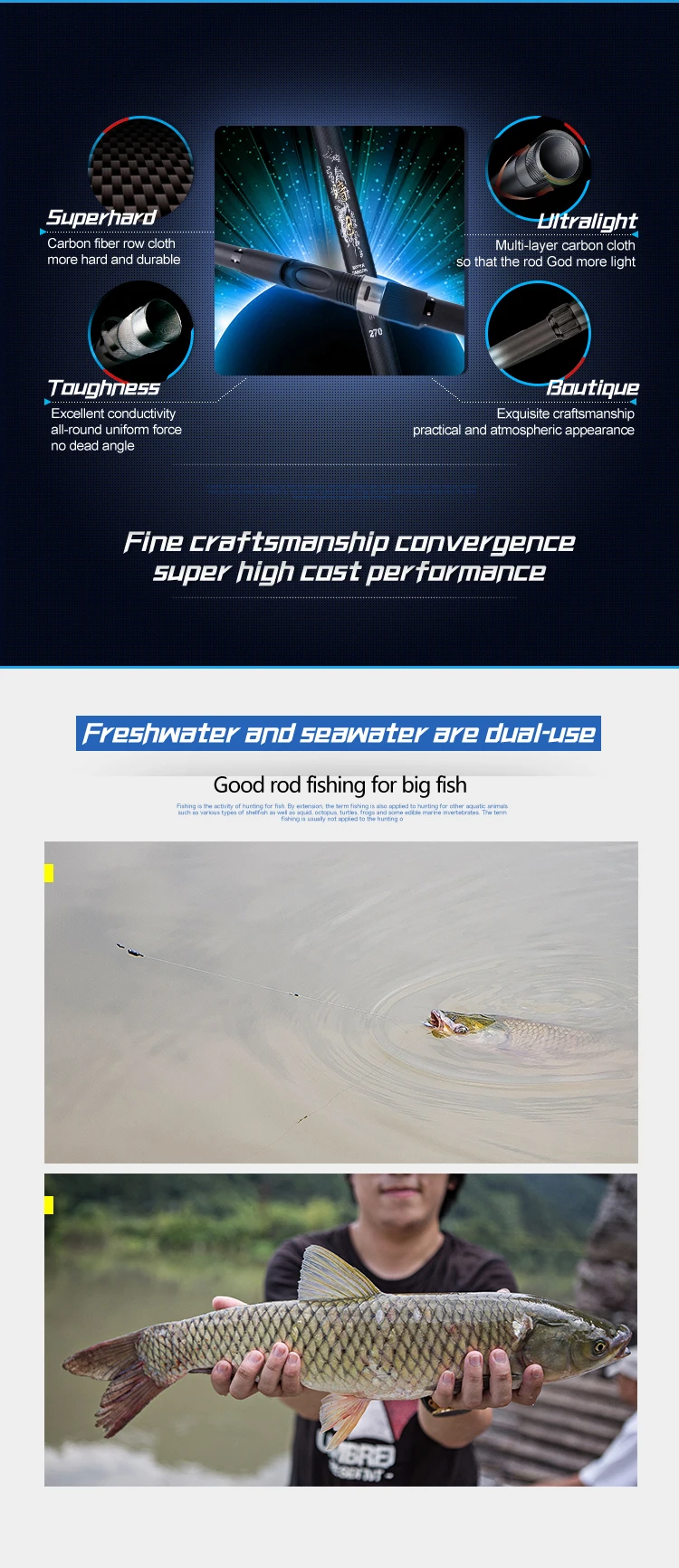 Newly Designed Fishing Rod 2.7m Carbon Rod 6 Sections Sea Pole Dark ...