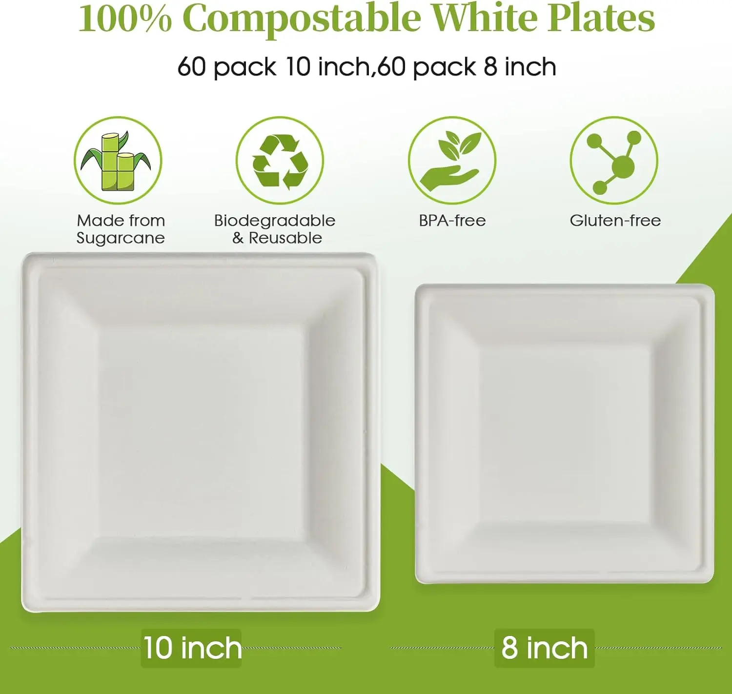 100 Pack Compostable Square Plates,10 Inch Disposable Paper Plates,Eco ...