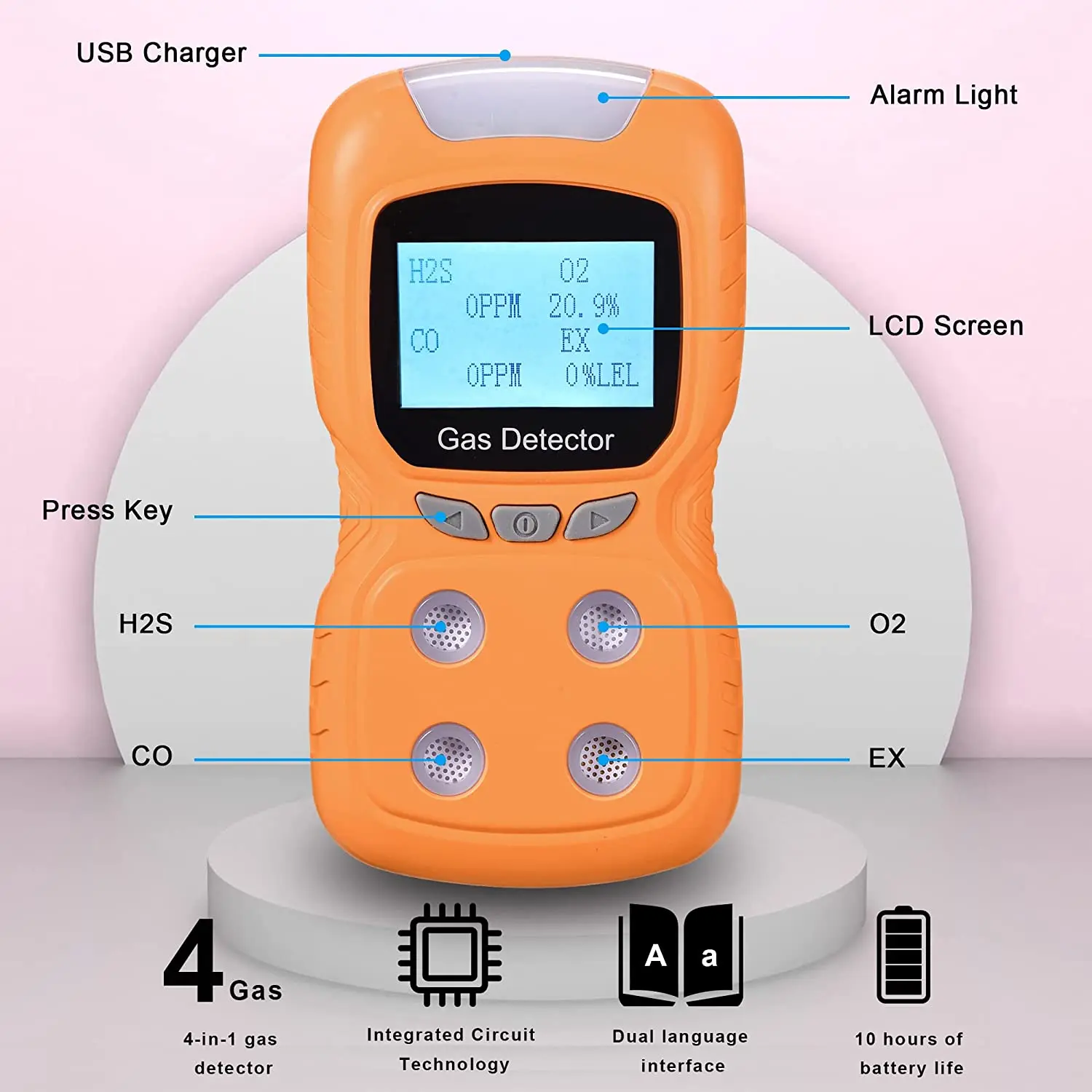 4-in-1 Gas Detector with LCD Display and Rechargeable Battery